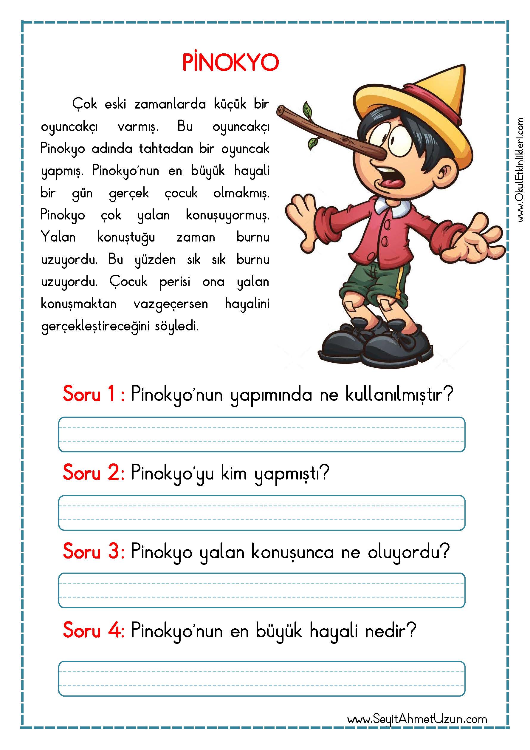 OKUMA ANLAMA METNİ – PİNOKYO - OkuL EtkinLikLeri – Eğitime Yeni Bir Bakış