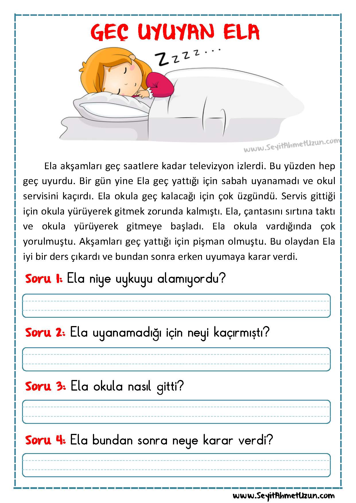 OKUMA ANLAMA METNİ – GEÇ UYUYAN ELA - OkuL EtkinLikLeri – Eğitime Yeni ...